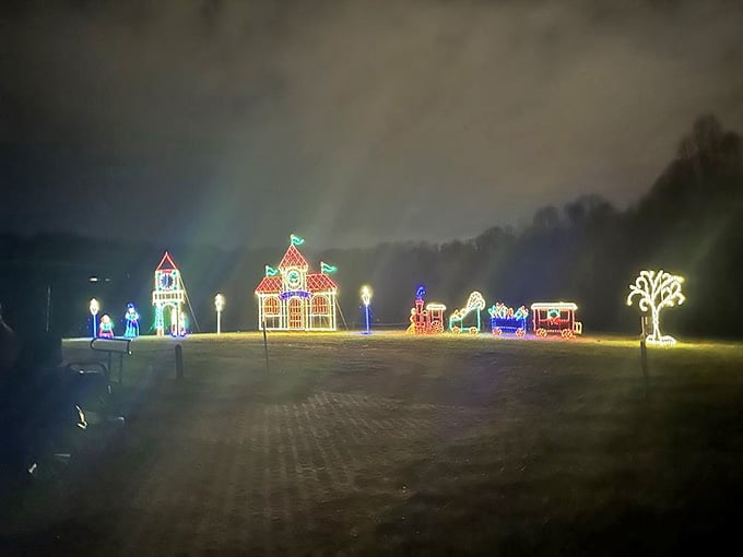 That illuminated village scene ahead makes you feel like you've driven straight into a snow globe.