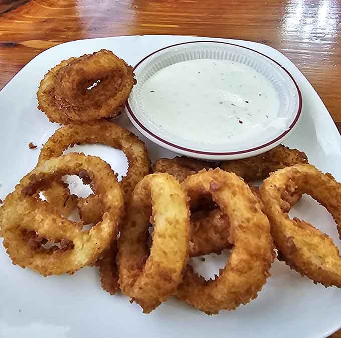 Crispy onion rings with ranch dressing prove that sometimes the simplest pleasures are the most satisfying ones.