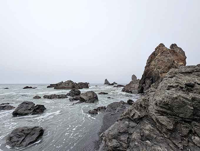Rocky outcroppings emerge from fog like nature's own sculpture garden along the moody coastline.