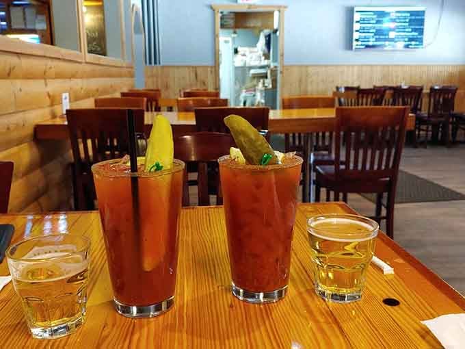 Bloody Marys garnished with pickles and peppers, the breakfast of champions who take brunch very seriously.