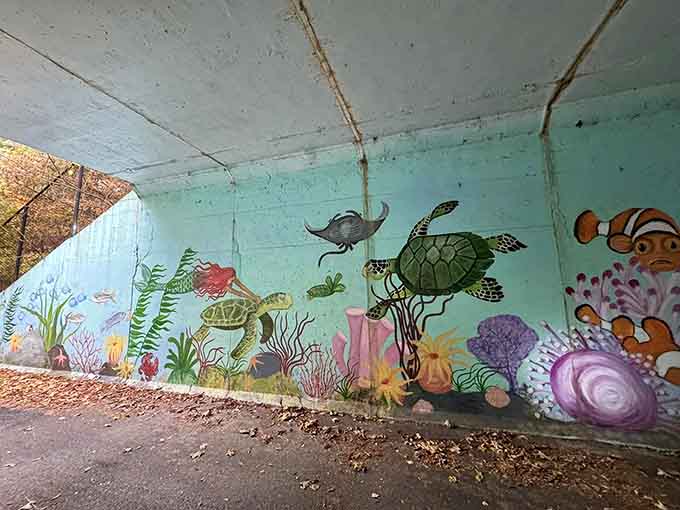 Who knew underwater murals existed beneath road overpasses? Art finds a way, even in concrete tunnels.
