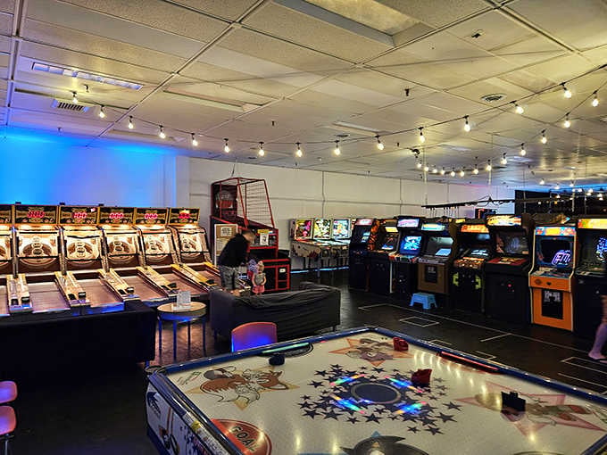 Skee-ball lanes lined up like bowling alleys, proving some games are timeless no matter the decade.