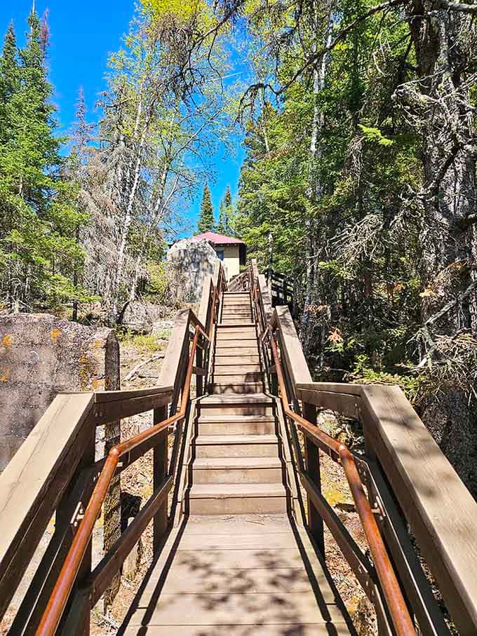 This wooden staircase leads down to the shoreline, where Lake Superior's power becomes beautifully, terrifyingly real.