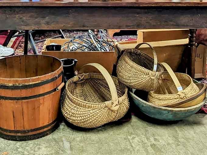 Handwoven baskets nestle together like a family photo, each one crafted with care from a bygone era of patience.