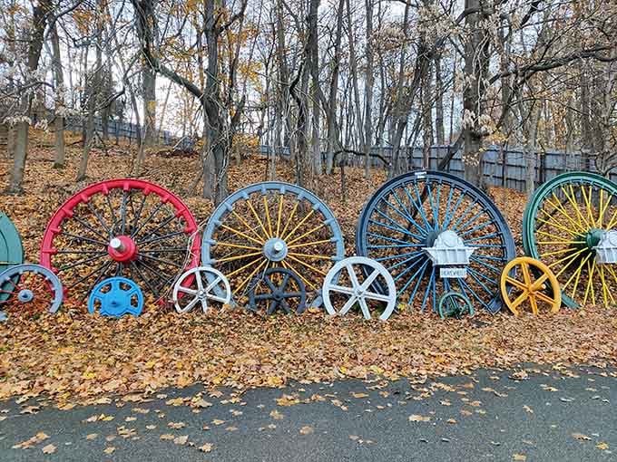 These colorful vintage mining wheels line the property like industrial art, proving even heavy machinery can have aesthetic appeal when retired.