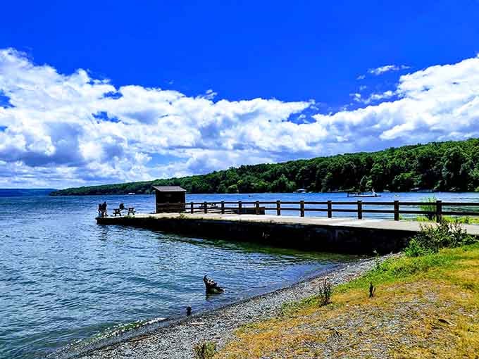 The boat launch on Cayuga Lake offers water adventures for those who prefer their nature experiences horizontal.