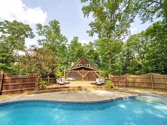 Nothing says "you've earned this vacation" quite like a private pool surrounded by towering Virginia trees.