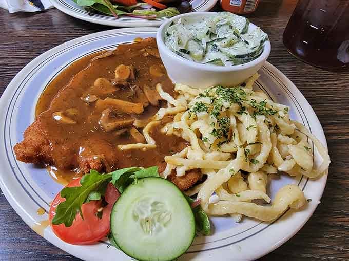 J&auml;gerschnitzel smothered in mushroom gravy with perfectly cooked sides is the definition of a plate that means serious business.