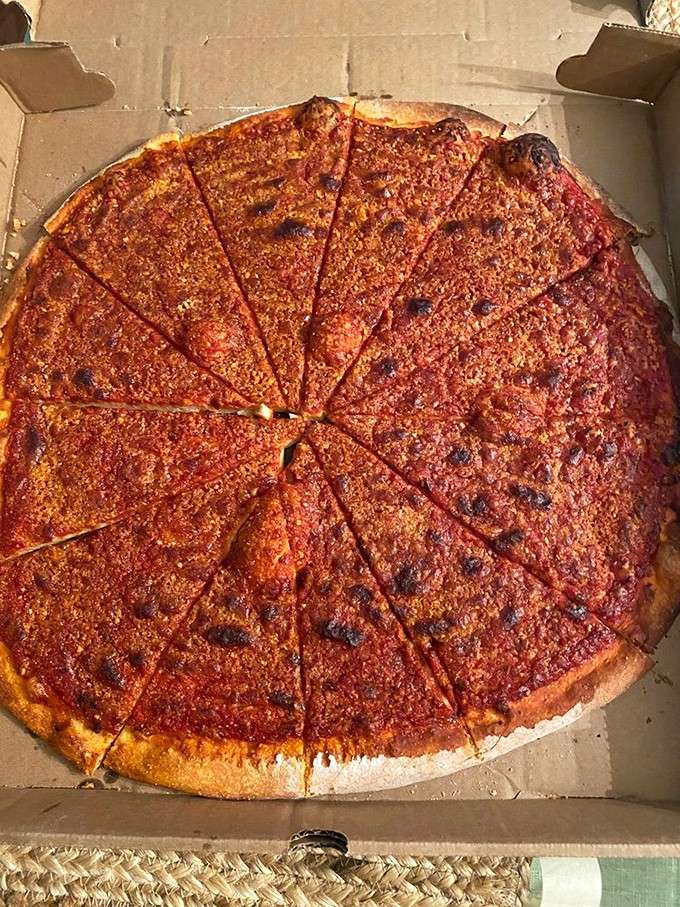 Golden cheese layered over a crisp, charred crust, carrying that classic New Haven-style pizza look that instantly lifts your mood.