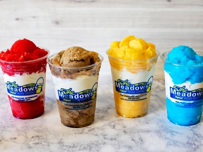 Four gelatis lined up like a rainbow of frozen happiness, each one begging to be your favorite.