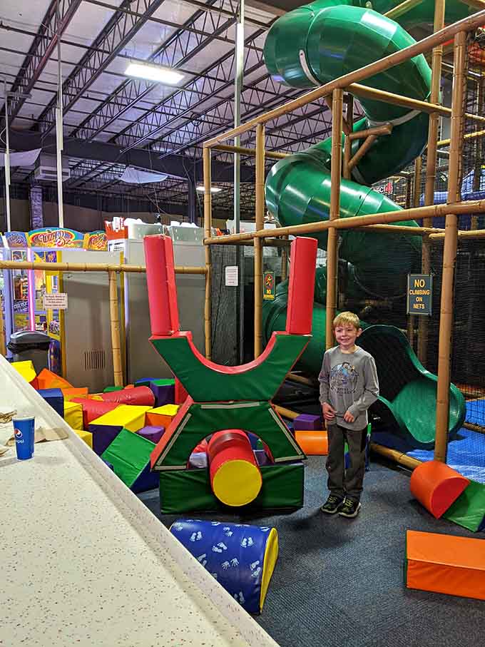 Colorful foam blocks and slides create a miniature obstacle course that would make American Ninja Warrior jealous.