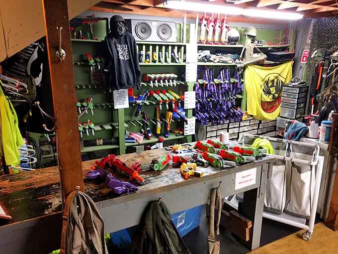 Wall-to-wall weaponry organized with the precision of a Swiss watch, if Swiss watches shot foam darts.