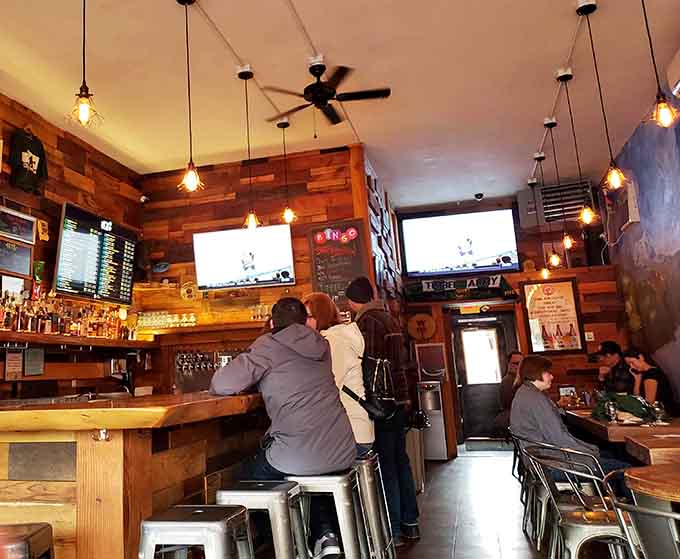 The reclaimed wood bar area where locals gather to debate Bigfoot sightings and which IPA reigns supreme this week.