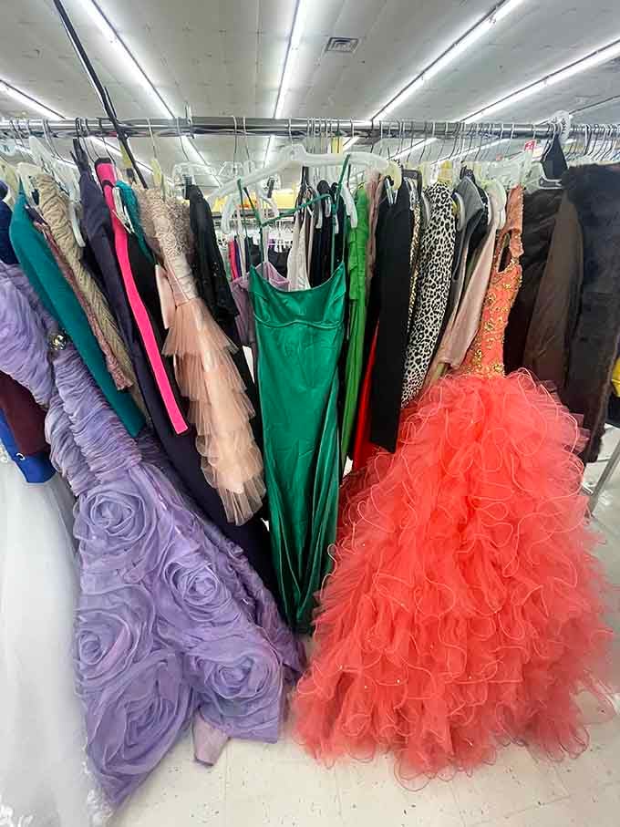 Formal gowns hanging like Cinderella's wardrobe, proving prom and wedding season don't require financial ruin.