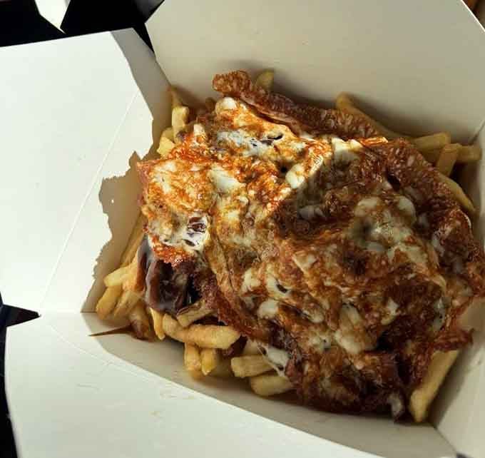 Golden fries buried under a mountain of melted cheese and gravy, like comfort food decided to throw itself a party.