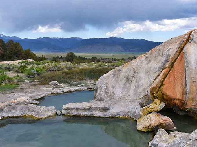 Wide open valley, big dramatic sky, warm water at your feet. The Eastern Sierra doesn't do anything small.