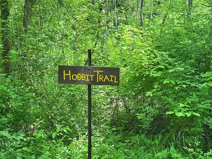 A "Hobbit Trail" sign suggests someone here understands that fantasy and reality make excellent neighbors in Kentucky.
