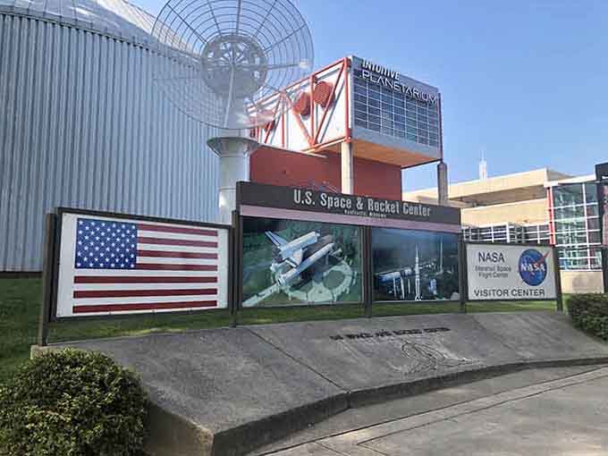 The visitor center entrance welcomes you to the world's largest space museum, right here in Huntsville, Alabama.