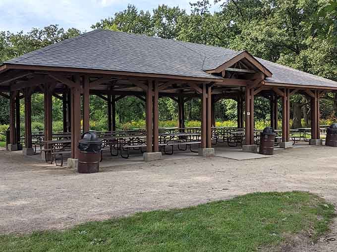 This covered pavilion offers shade, shelter, and the perfect headquarters for your outdoor feast.