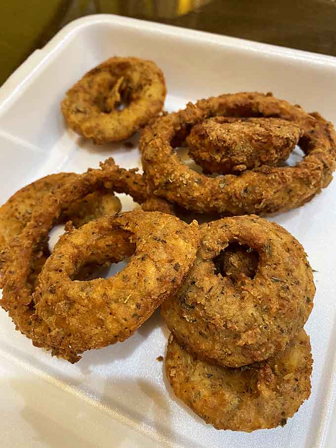 These onion rings have achieved that perfect golden-brown color that makes you forget about every diet resolution.
