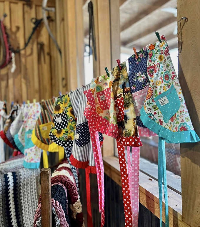 Colorful aprons hanging like flags of culinary ambition and Sunday dinner dreams come true.