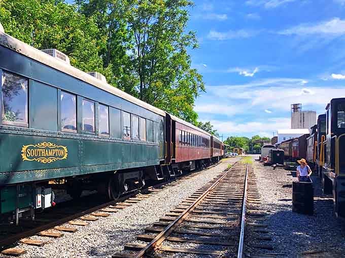 Vintage passenger cars lined up like they're ready for their close-up, which they absolutely are.