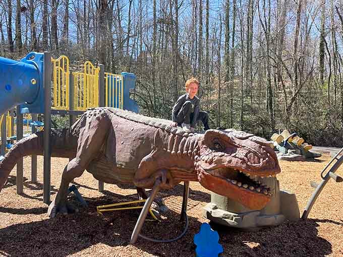Straddling a T-Rex beats any carnival ride, especially when admission is free and the memories last forever.