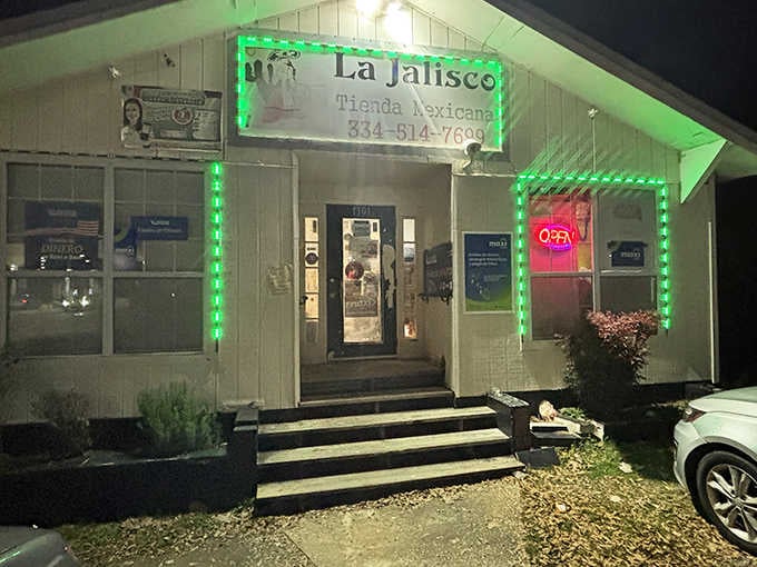La Jalisco's green glow signals that dinner is served and your table is waiting inside.