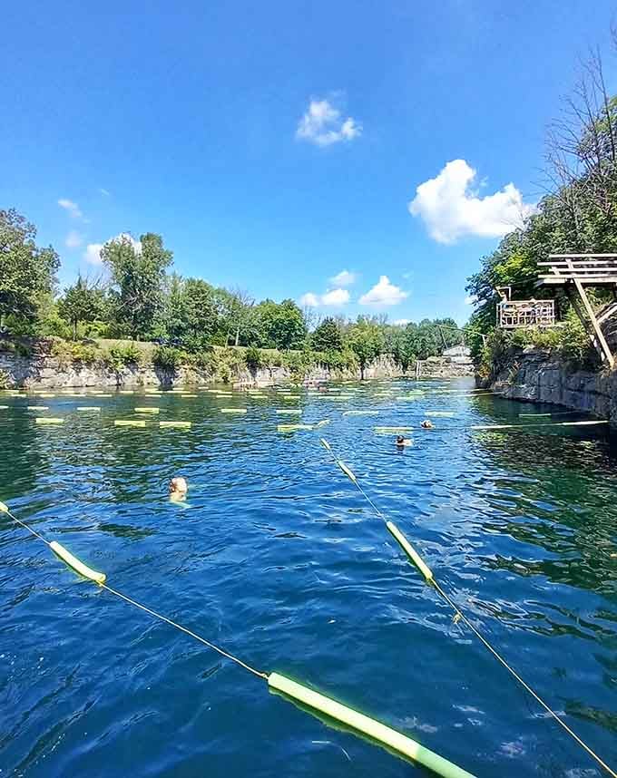 Inner tubes and inflatables transform the quarry into a lazy river without the lazy part.