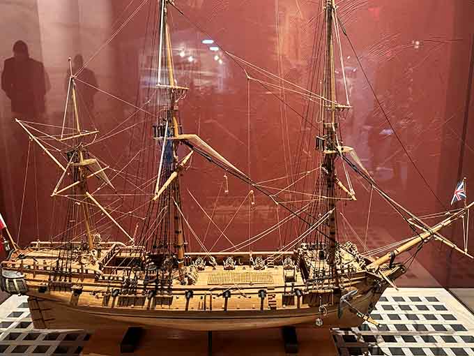 This detailed ship model shows the impressive craftsmanship that went into building these massive seafaring vessels.