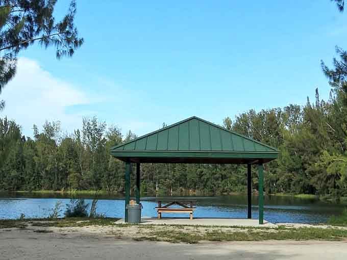 A covered pavilion provides the holy trinity of Florida outdoor comfort: shade, lake views, and protection from surprise thunderstorms.