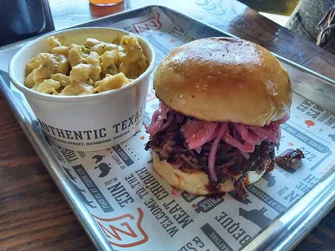 That chopped brisket sandwich with vibrant pink slaw is basically a work of edible art on a bun.