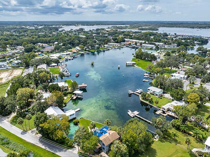 Crystal-clear springs create an aquatic wonderland where boats float above grass beds visible twenty feet below.