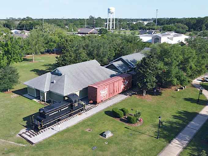 From above, you can see how the railroad literally shaped this town's layout and growth over the decades.