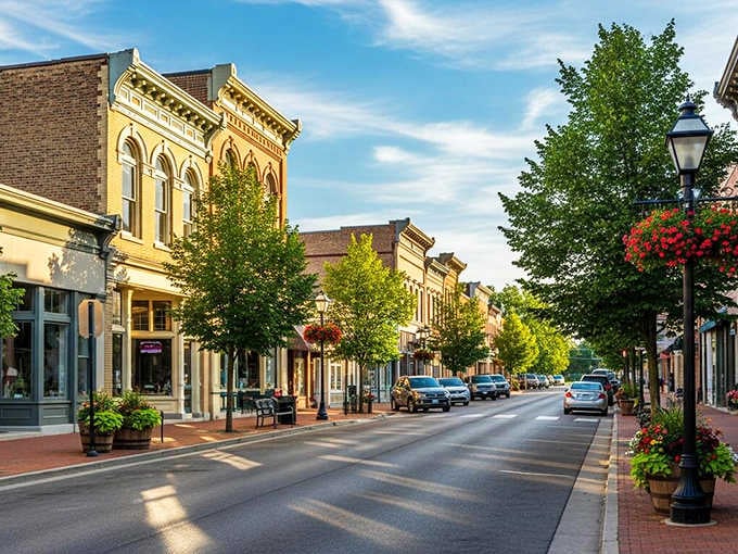 Golden hour light bathes the historic storefronts in warm glow, while hanging flower baskets add splashes of color to lampposts.