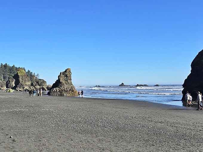 Towering sea stacks stand like weathered monuments, while families explore tide pools in this dramatic coastal wonderland.