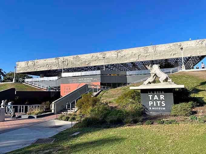 Modern architecture houses ancient mysteries, where Ice Age fossils emerge from tar that still bubbles up today.