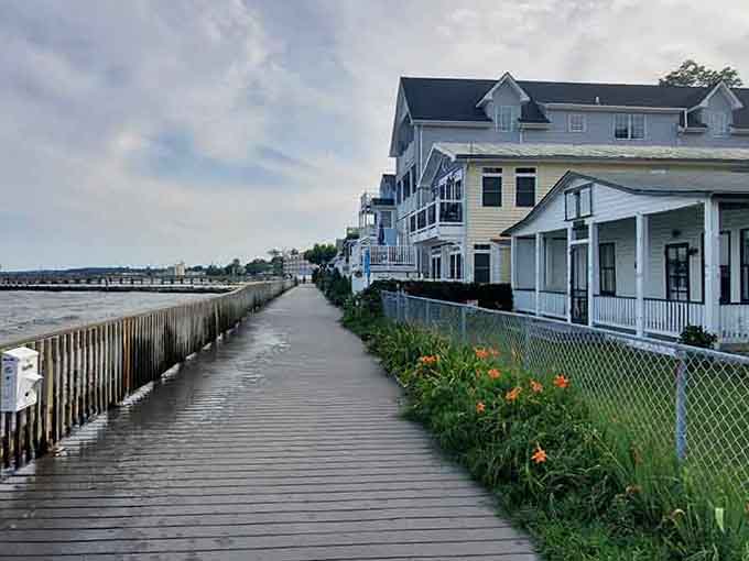 The boardwalk stretches along the shore with flowers blooming, proving that nature and neighborhoods make wonderful partners.
