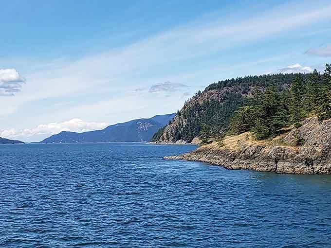 The San Juan Islands stretch across blue waters like stepping stones between Washington and Canada.
