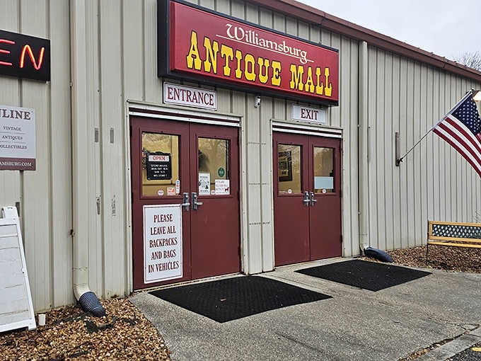 That burgundy-and-cream color scheme and patriotic flag welcome antique lovers into Williamsburg's treasure-filled shopping sanctuary with style.