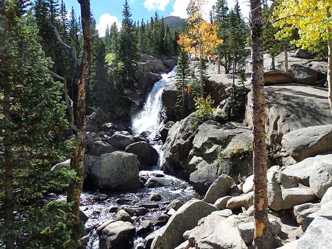 Golden aspens frame the cascade perfectly, autumn's paintbrush adding warmth to the cool mountain water.