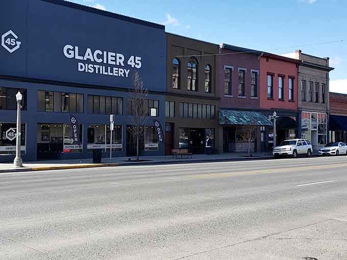 Old West storefronts with wooden porches look ready for a stagecoach to roll up any minute.