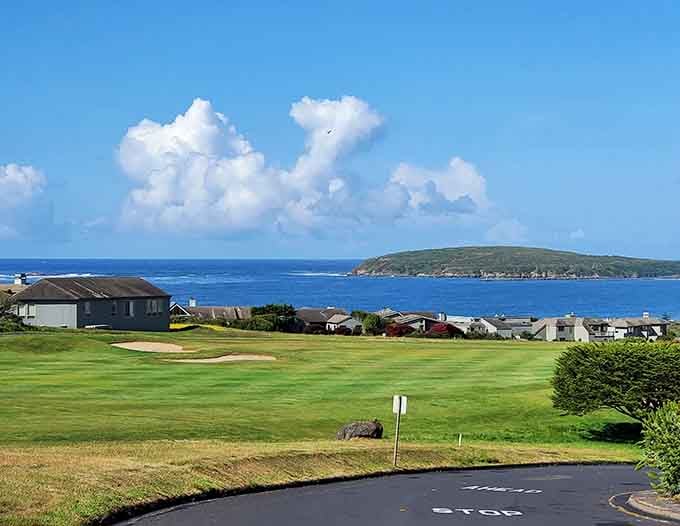 That distant island across the brilliant blue water beckons like a scene from your favorite coastal mystery novel.