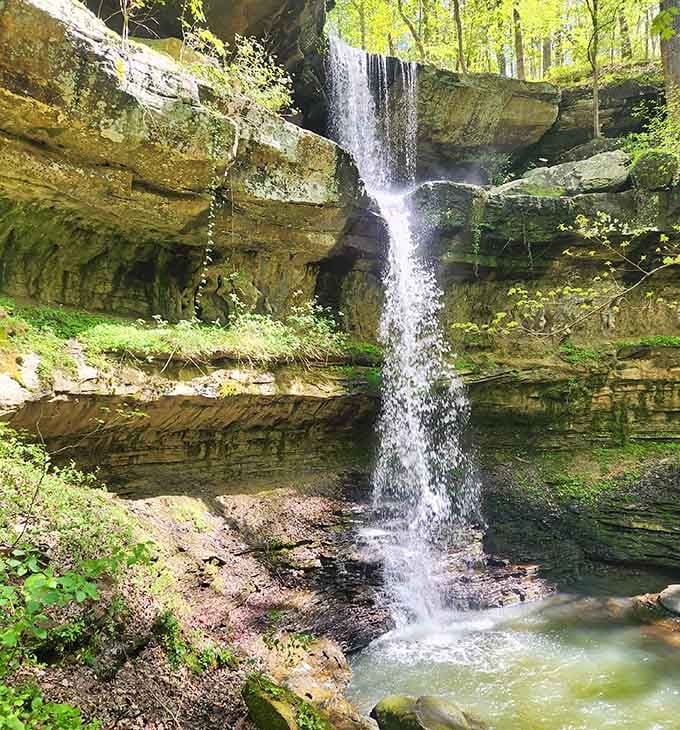 This elegant waterfall splits the layered canyon walls like a white ribbon on a perfectly wrapped gift.