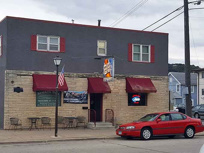 That sports bar's red awnings and patriotic bunting signal a gathering place where locals debate everything from politics to fishing.
