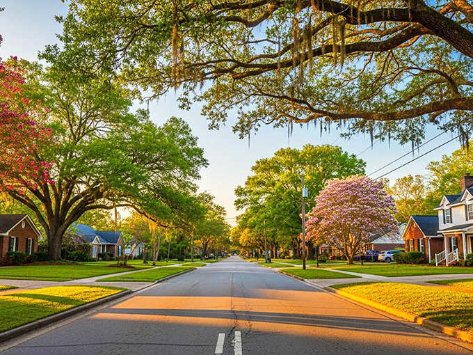 Golden hour light bathes tree-lined streets where Spanish moss drapes like nature's own decorative touch on everything.