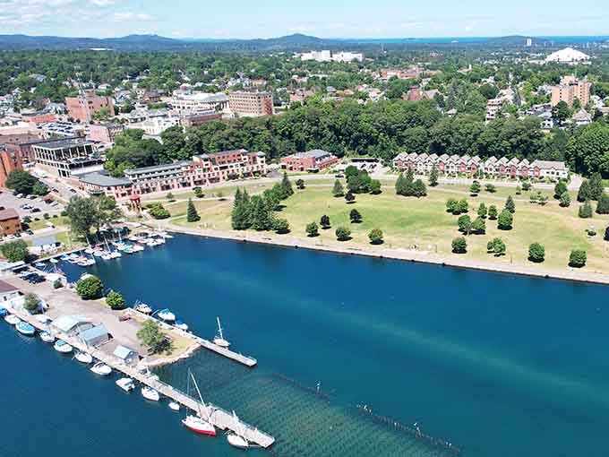 Green spaces meet blue water in this aerial view showing how nature and community blend perfectly together.