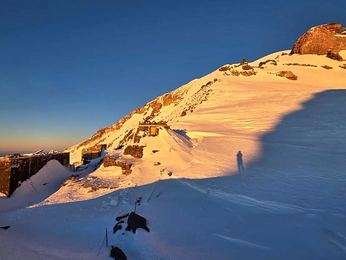 Alpenglow paints the summit route in shades of peach and gold as shadows stretch across endless snowfields.