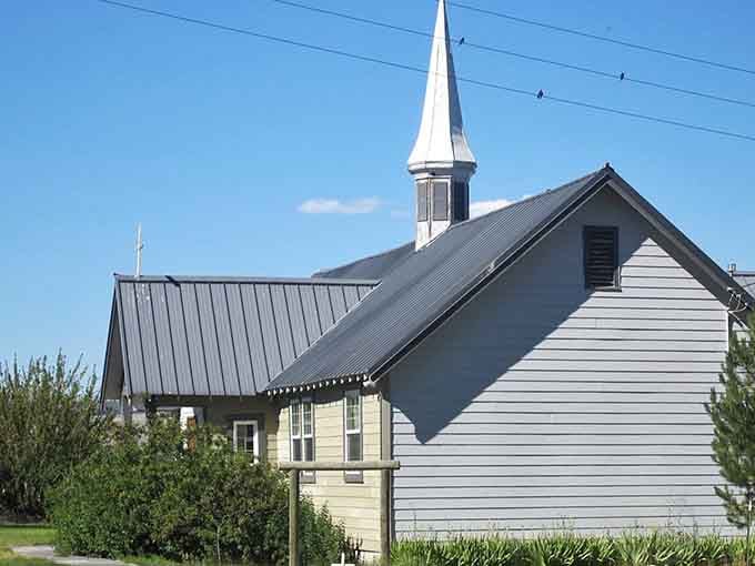 That church steeple points straight to heaven in a town where Sunday services are still the week's main event.