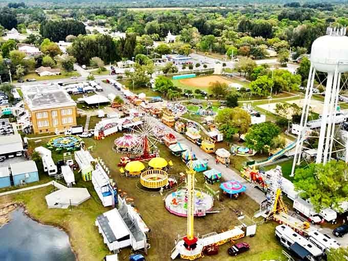From above, classic brick architecture and colorful carnival tents reminds us that some things&mdash;like reasonable living costs&mdash;never go out of style or fashion.